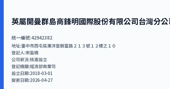 英屬開曼群島商鋒明國際股份有限公司台灣分公司的照片-統編 42942382(臺中市) 公司登記資料與營業項目詳細圖表