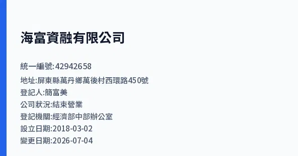 海富資融有限公司的照片-統編 42942658(屏東縣) 公司登記資料與營業項目詳細圖表
