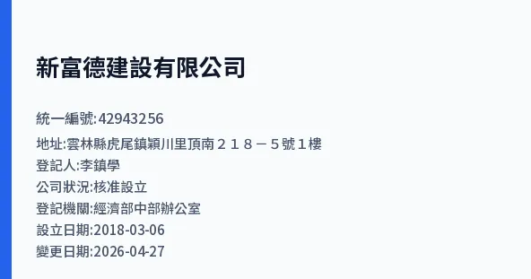 新富德建設有限公司的照片-統編 42943256(雲林縣) 公司登記資料與營業項目詳細圖表