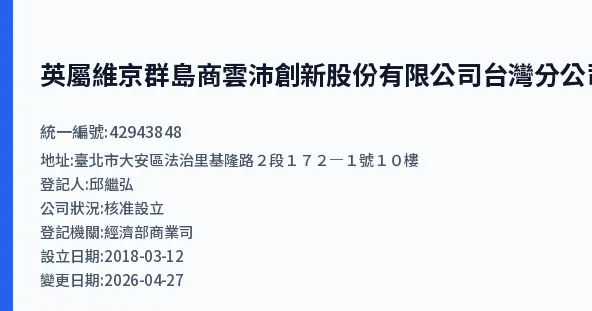 英屬維京群島商雲沛創新股份有限公司台灣分公司的照片-統編 42943848(臺北市) 公司登記資料與營業項目詳細圖表