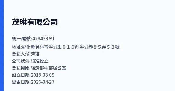 茂琳有限公司的照片-統編 42943869(彰化縣) 公司登記資料與營業項目詳細圖表