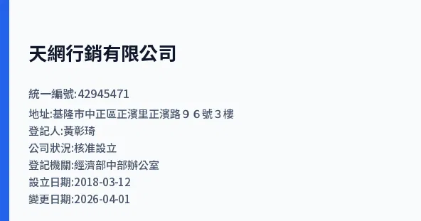 天網行銷有限公司的照片-統編 42945471(基隆市) 公司登記資料與營業項目詳細圖表