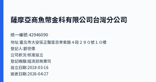 薩摩亞商魚幣金科有限公司台灣分公司的照片-統編 42946090(臺北市) 公司登記資料與營業項目詳細圖表