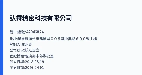 弘霖精密科技有限公司的照片-統編 42946824(苗栗縣) 公司登記資料與營業項目詳細圖表