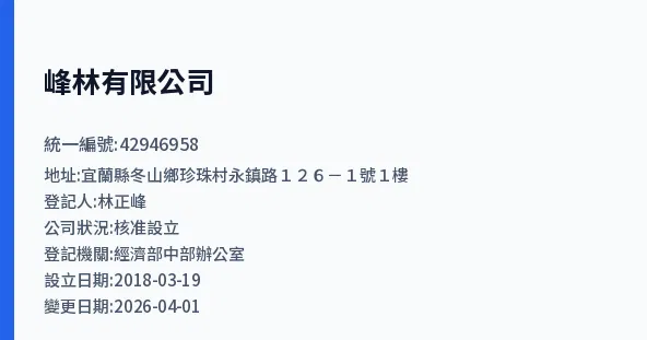 峰林有限公司的照片-統編 42946958(宜蘭縣) 公司登記資料與營業項目詳細圖表