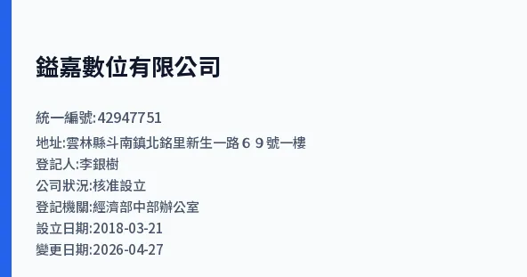 鎰嘉數位有限公司的照片-統編 42947751(雲林縣) 公司登記資料與營業項目詳細圖表