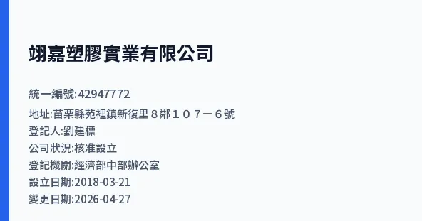 翊嘉塑膠實業有限公司的照片-統編 42947772(苗栗縣) 公司登記資料與營業項目詳細圖表