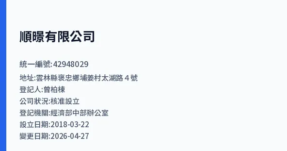 順暻有限公司的照片-統編 42948029(雲林縣) 公司登記資料與營業項目詳細圖表