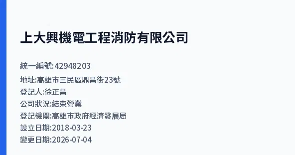 上大興機電工程消防有限公司的照片-統編 42948203(高雄市) 公司登記資料與營業項目詳細圖表