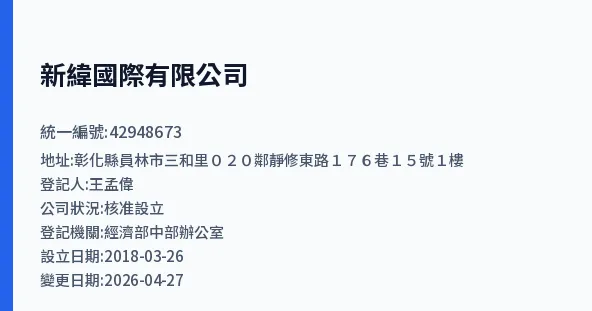 新緯國際有限公司的照片-統編 42948673(彰化縣) 公司登記資料與營業項目詳細圖表