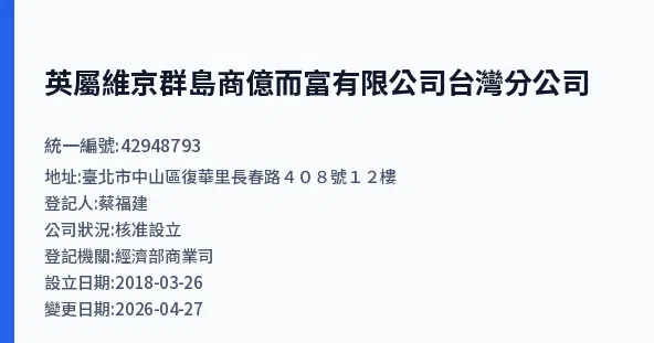 英屬維京群島商億而富有限公司台灣分公司的照片-統編 42948793(臺北市) 公司登記資料與營業項目詳細圖表