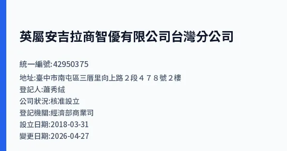 英屬安吉拉商智優有限公司台灣分公司的照片-統編 42950375(臺中市) 公司登記資料與營業項目詳細圖表