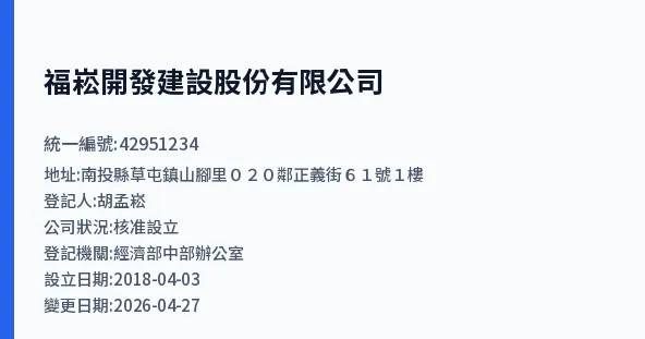 福崧開發建設股份有限公司的照片-統編 42951234(南投縣) 公司登記資料與營業項目詳細圖表