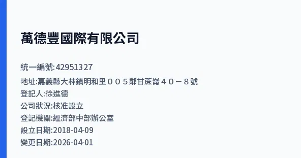 萬德豐國際有限公司的照片-統編 42951327(嘉義縣) 公司登記資料與營業項目詳細圖表
