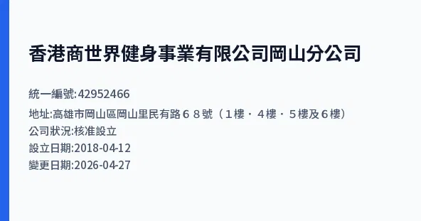 香港商世界健身事業有限公司岡山分公司的照片-統編 42952466(高雄市) 公司登記資料與營業項目詳細圖表