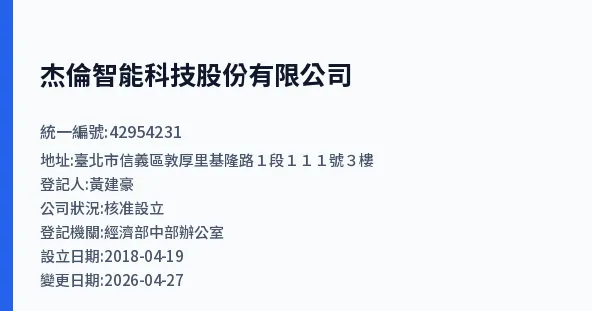 杰倫智能科技股份有限公司的照片-統編 42954231(臺北市) 公司登記資料與營業項目詳細圖表