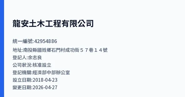 龍安土木工程有限公司的照片-統編 42954886(南投縣) 公司登記資料與營業項目詳細圖表