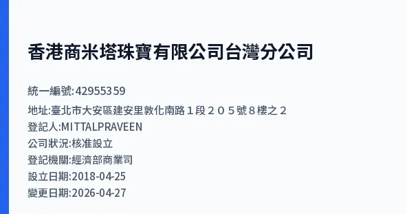 香港商米塔珠寶有限公司台灣分公司的照片-統編 42955359(臺北市) 公司登記資料與營業項目詳細圖表