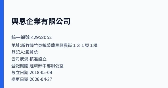 興恩企業有限公司的照片-統編 42958052(新竹縣) 公司登記資料與營業項目詳細圖表