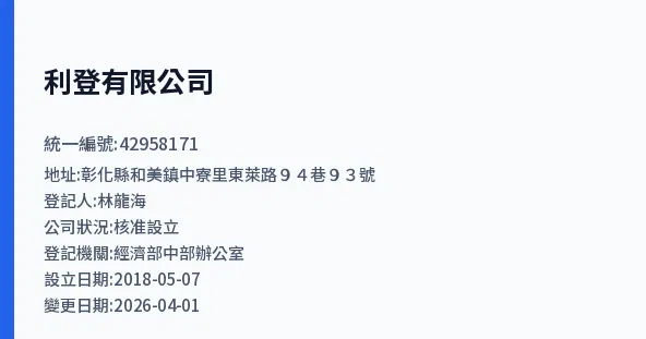 利登有限公司的照片-統編 42958171(彰化縣) 公司登記資料與營業項目詳細圖表