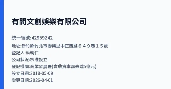 有間文創娛樂有限公司的照片-統編 42959242(新竹縣) 公司登記資料與營業項目詳細圖表