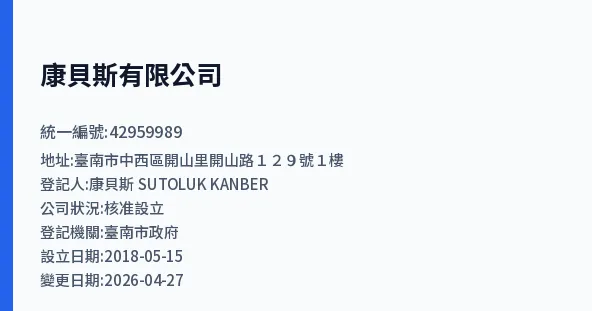 康貝斯有限公司的照片-統編 42959989(臺南市) 公司登記資料與營業項目詳細圖表