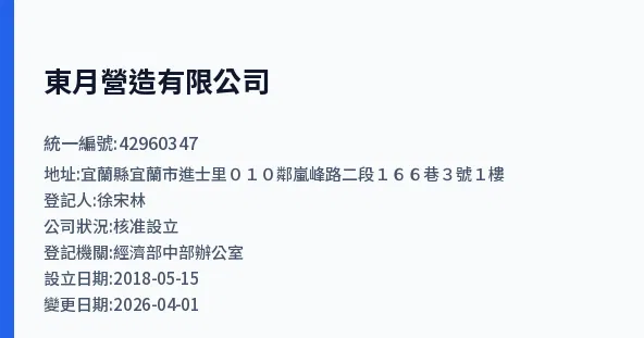 東月營造有限公司的照片-統編 42960347(宜蘭縣) 公司登記資料與營業項目詳細圖表