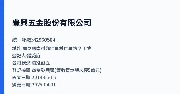 豊興五金股份有限公司的照片-統編 42960584(屏東縣) 公司登記資料與營業項目詳細圖表
