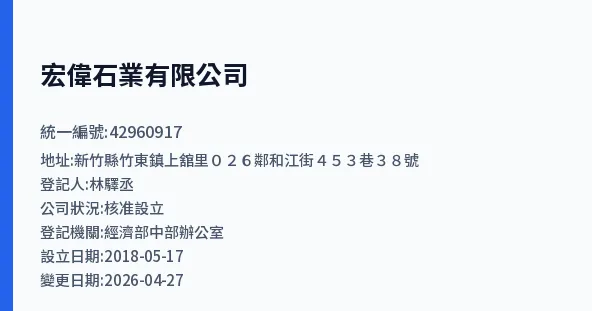 宏偉石業有限公司的照片-統編 42960917(新竹縣) 公司登記資料與營業項目詳細圖表