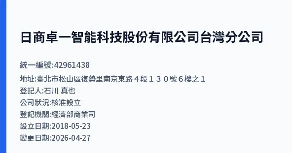 日商卓一智能科技股份有限公司台灣分公司的照片-統編 42961438(臺北市) 公司登記資料與營業項目詳細圖表