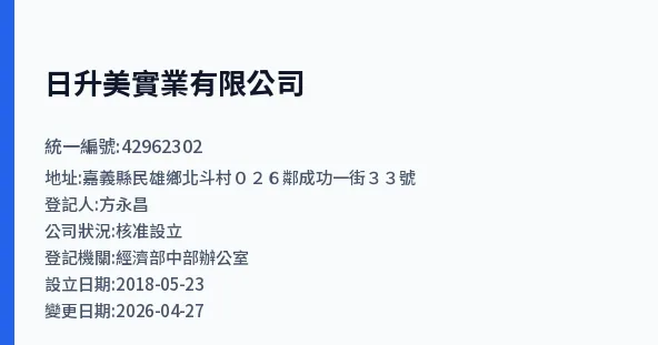 日升美實業有限公司的照片-統編 42962302(嘉義縣) 公司登記資料與營業項目詳細圖表