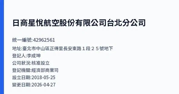 日商星悅航空股份有限公司台北分公司的照片-統編 42962561(臺北市) 公司登記資料與營業項目詳細圖表
