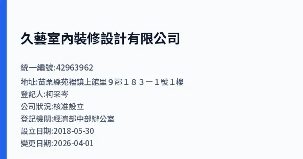 久藝室內裝修設計有限公司的照片-統編 42963962(苗栗縣) 公司登記資料與營業項目詳細圖表