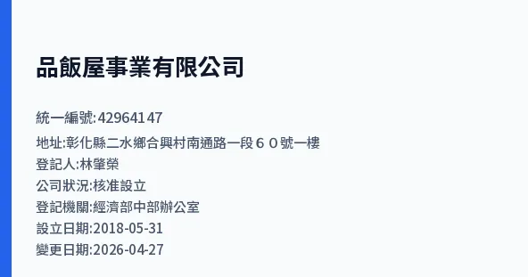 品飯屋事業有限公司的照片-統編 42964147(彰化縣) 公司登記資料與營業項目詳細圖表