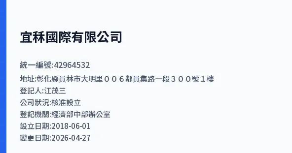 宜秝國際有限公司的照片-統編 42964532(彰化縣) 公司登記資料與營業項目詳細圖表
