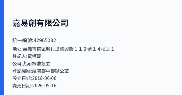 嘉易創有限公司的照片-統編 42965032(嘉義市) 公司登記資料與營業項目詳細圖表