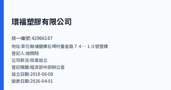 環福塑膠有限公司的照片-統編 42966187(彰化縣) 公司登記資料與營業項目詳細圖表