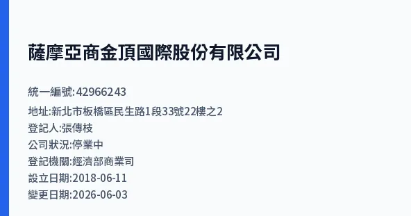 薩摩亞商金頂國際股份有限公司的照片-統編 42966243(新北市) 公司登記資料與營業項目詳細圖表