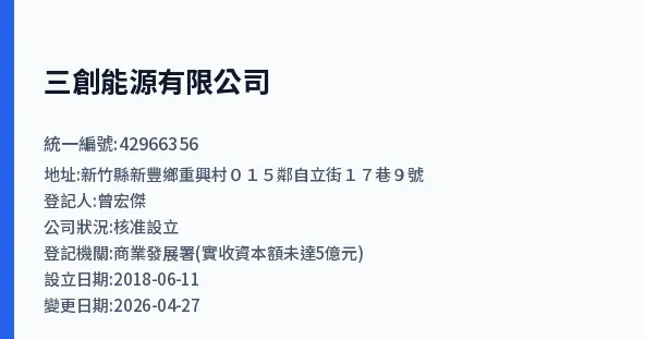 三創能源有限公司的照片-統編 42966356(新竹縣) 公司登記資料與營業項目詳細圖表