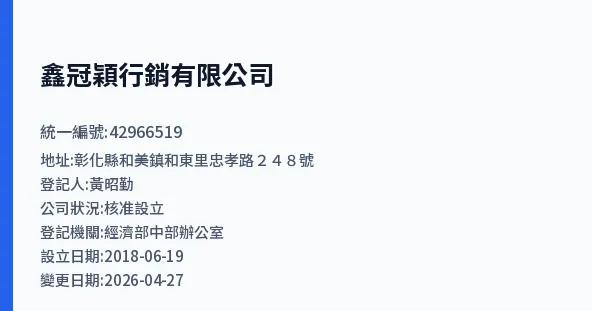 鑫冠穎行銷有限公司的照片-統編 42966519(彰化縣) 公司登記資料與營業項目詳細圖表