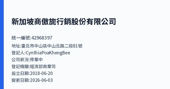 新加坡商傲旎行銷股份有限公司的照片-統編 42968397(臺北市) 公司登記資料與營業項目詳細圖表