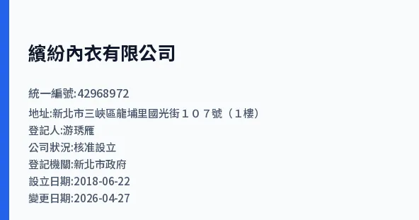 繽紛內衣有限公司的照片-統編 42968972(新北市) 公司登記資料與營業項目詳細圖表