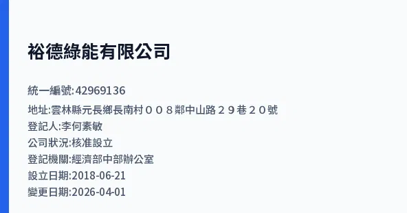 裕德綠能有限公司的照片-統編 42969136(雲林縣) 公司登記資料與營業項目詳細圖表
