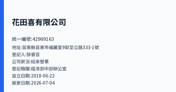 花田喜有限公司的照片-統編 42969163(苗栗縣) 公司登記資料與營業項目詳細圖表