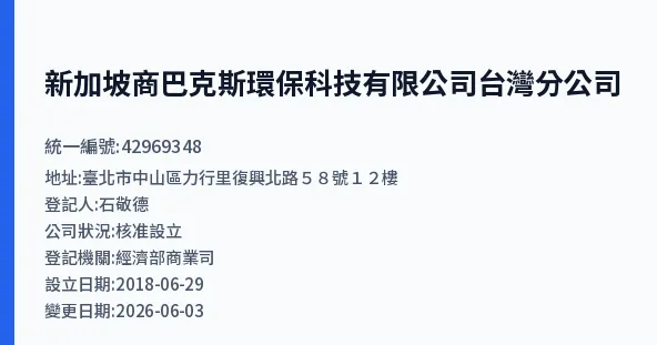 新加坡商巴克斯環保科技有限公司台灣分公司的照片-統編 42969348(臺北市) 公司登記資料與營業項目詳細圖表