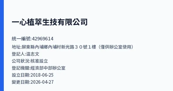 一心植萃生技有限公司的照片-統編 42969614(屏東縣) 公司登記資料與營業項目詳細圖表