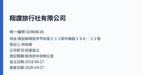 翔讚旅行社有限公司的照片-統編 42969826(南投縣) 公司登記資料與營業項目詳細圖表