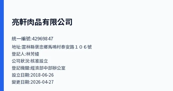 亮軒肉品有限公司的照片-統編 42969847(雲林縣) 公司登記資料與營業項目詳細圖表
