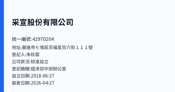 采宣股份有限公司的照片-統編 42970204(基隆市) 公司登記資料與營業項目詳細圖表
