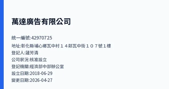 萬達廣告有限公司的照片-統編 42970725(彰化縣) 公司登記資料與營業項目詳細圖表